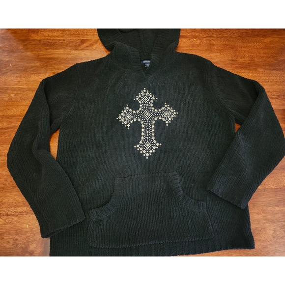 Sweaters | Y2k 9s Rock Black Hoodie With Studded Cross Design | Poshmark